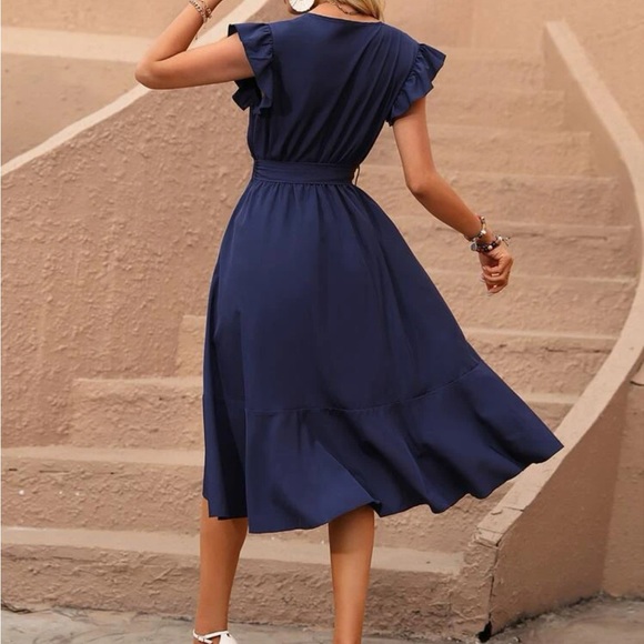 Dresses | Elegant Solid Ruffle Trim Belted Wrap Dress | Poshmark